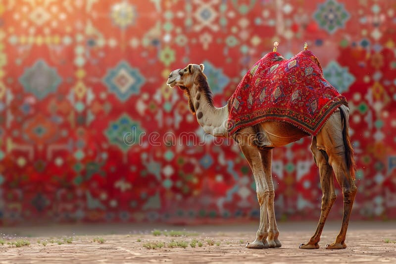 Decorated Camel Standing in Front of a Vibrant Traditional Pattern ...