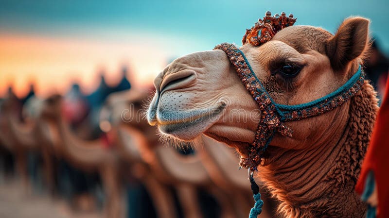 Decorated Camel in Traditional Harness at Sunset Stock Illustration ...