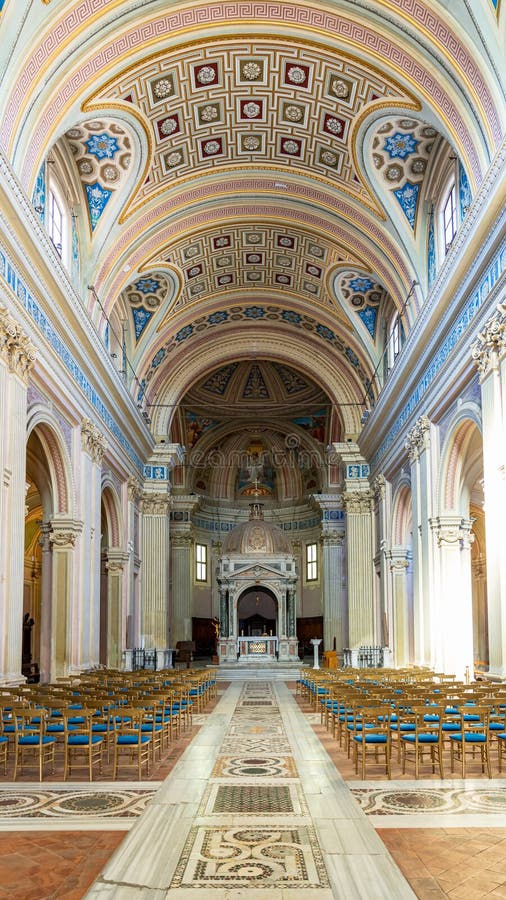 Decorated Ceiling and Nave Inside Catholic Cathedral in Italy Editorial ...