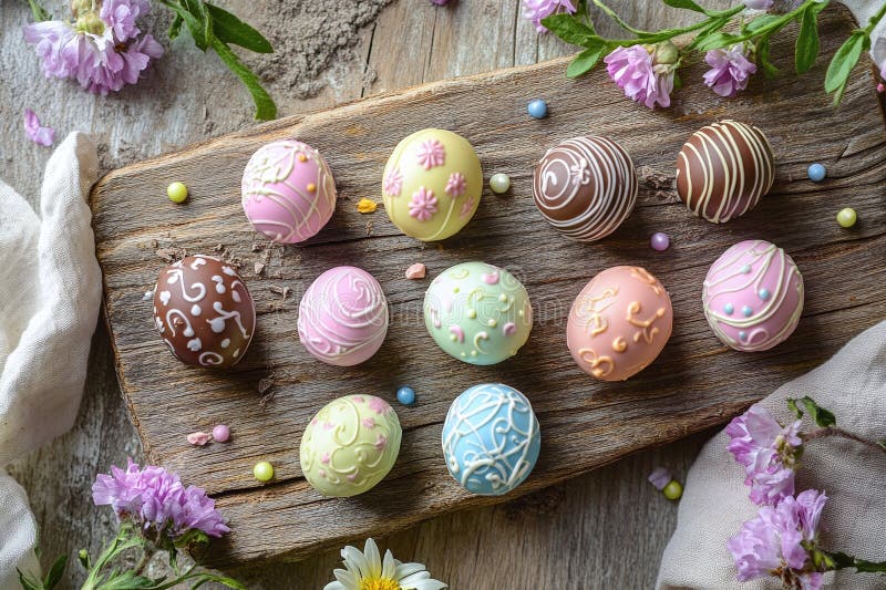 Decorated Chocolate Easter Eggs on Wooden Board Stock Photo - Image of ...
