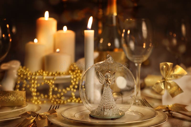 Dining Table with Lighted Candles Stock Image - Image of merry, serving ...