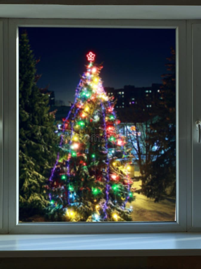 The Decorated with Christmas Garlands Big Christmas Tree Outside the ...