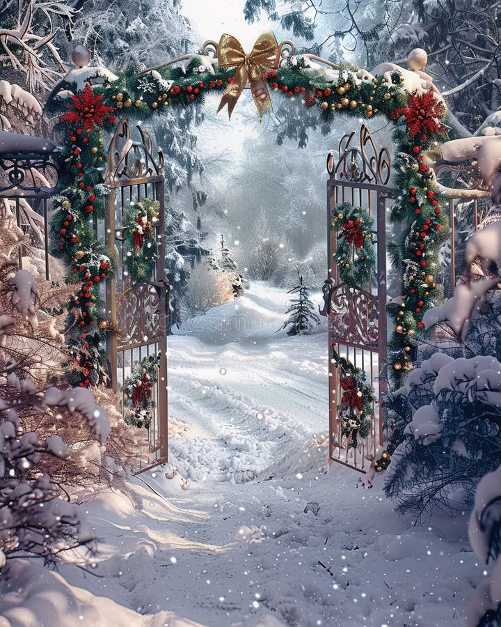 A Decorated Christmas Gate with a Bow and Garlands Leading To a Snowy ...
