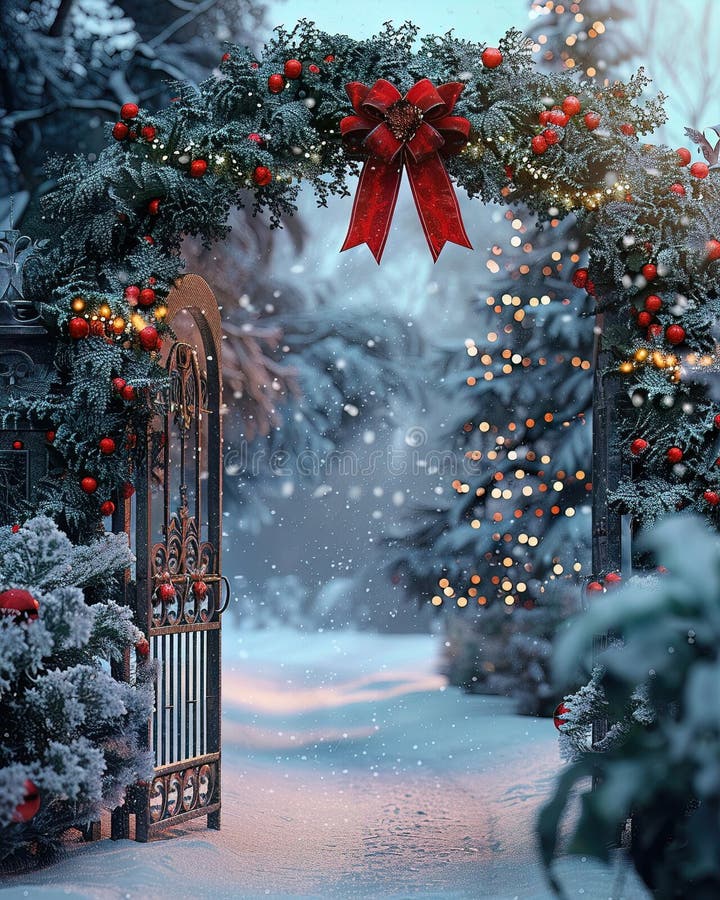 A Decorated Christmas Gate with a Bow and Garlands Leading To a Snowy ...