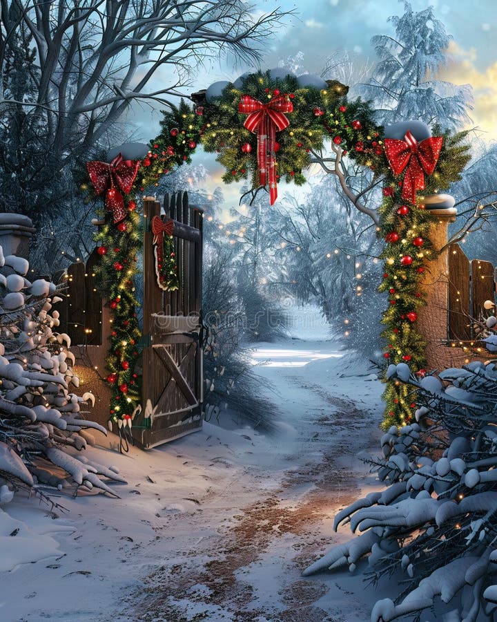 A Decorated Christmas Gate with a Bow and Garlands Leading To a Snowy ...