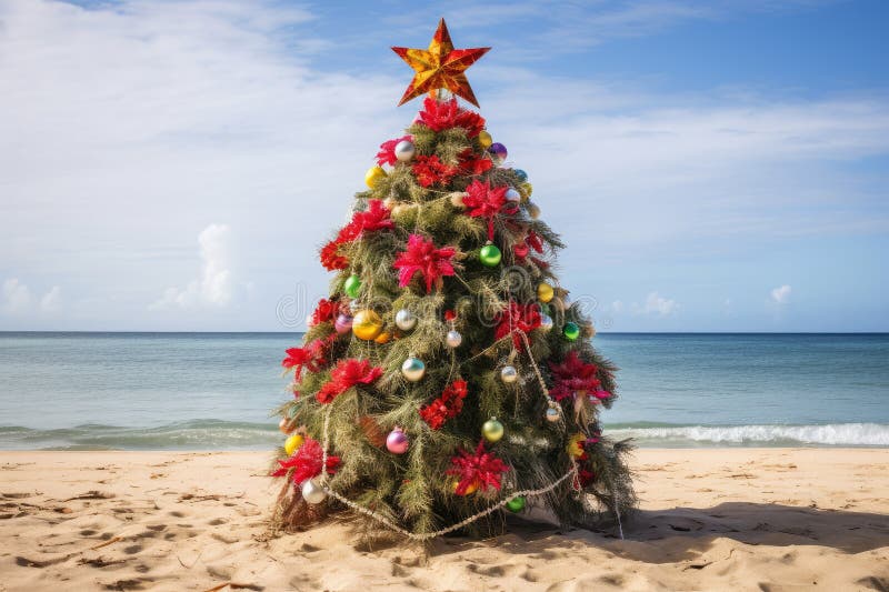 Decorated Christmas Tree on the Beach Near the Ocean Stock Illustration ...