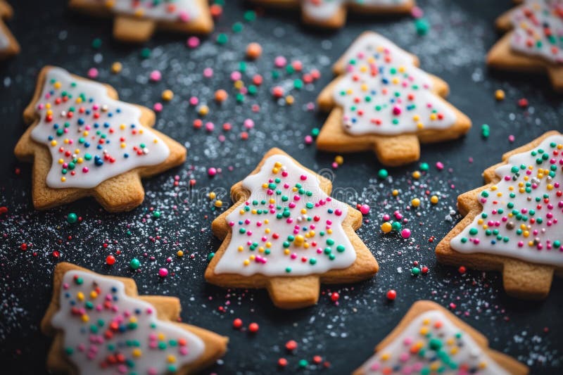 Decorated Christmas Tree Cookies on Black Background Stock Illustration ...