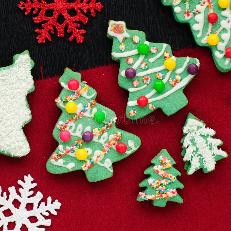 Decorated Christmas Tree Cookies Stock Photo - Image of pastry, ball ...