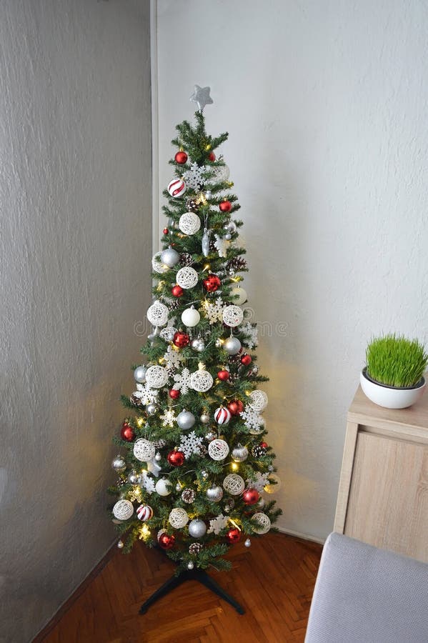 Decorated Christmas Tree in Corner of the Room Stock Image - Image of ...