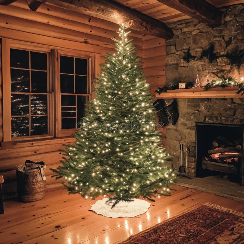 Decorated Christmas Tree in a Cozy Log Cabin Stock Illustration ...
