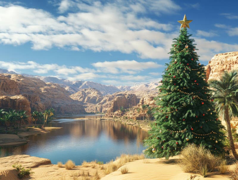 A Decorated Christmas Tree in a Desert Oasis Stock Illustration ...
