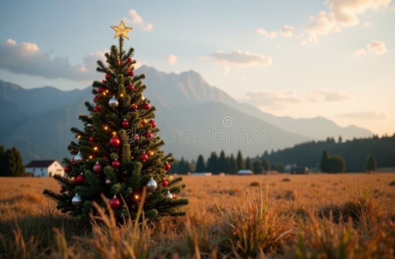 Decorated Christmas Tree in the Field of Yellow Grass, Mountains on ...