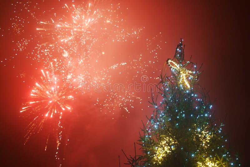 Decorated Christmas Tree and Fireworks Stock Image - Image of ...