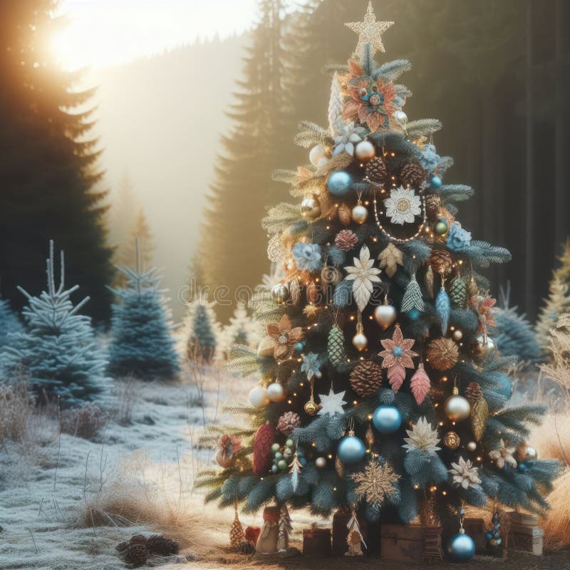 Decorated Christmas Tree in the Forest. Stock Photo - Image of magic ...
