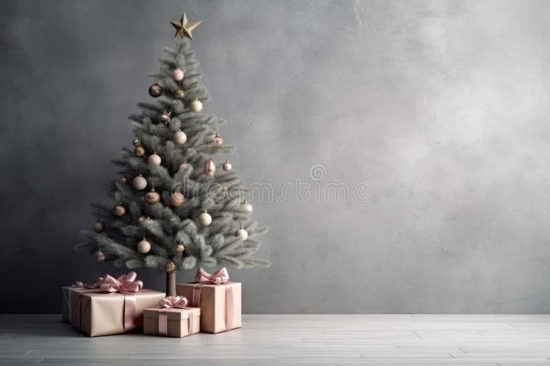 Decorated Christmas Tree and Gift Boxes. Space for Text Stock ...