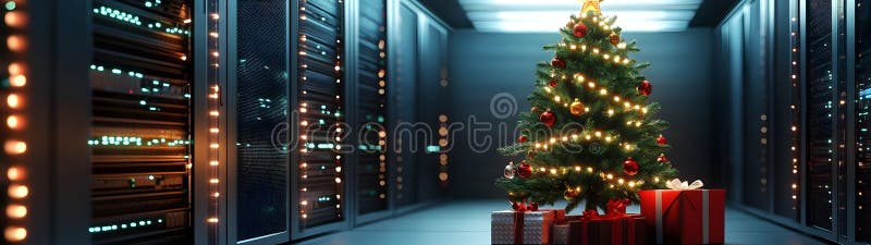 Decorated Christmas Tree with Gifts Inside a Server Room. Stock ...