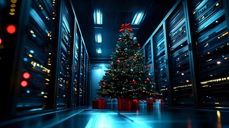 Decorated Christmas Tree with Gifts Inside a Server Room. Stock ...