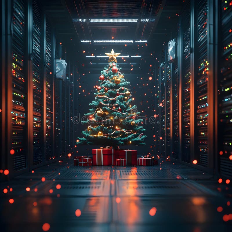 Christmas Tree with Gifts Inside a Server Room. Stock Illustration ...
