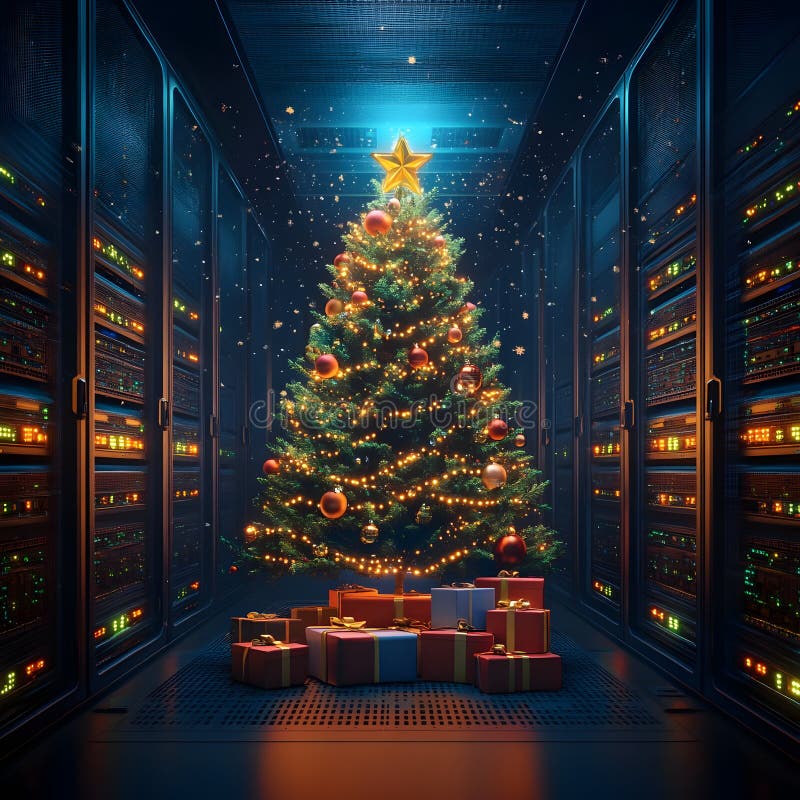 Christmas Tree with Gifts Inside a Server Room. Stock Illustration ...
