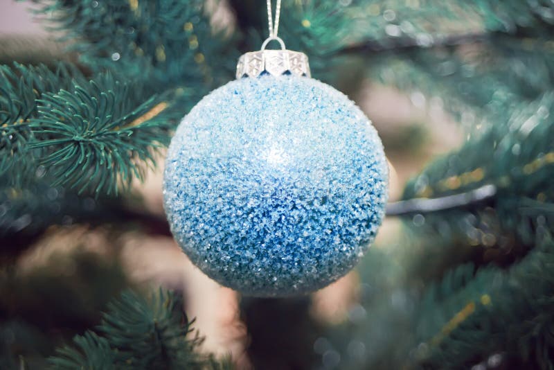 Decorated Christmas Tree and Hanging Small Blue Ball Stock Image ...