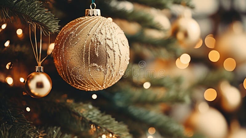 A Decorated Christmas Tree with Large Golden Decorative Objects Stock ...