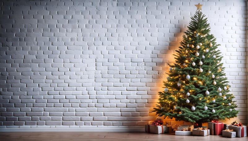 Decorated Christmas Tree Over White Brick Wall with Lights Stock ...