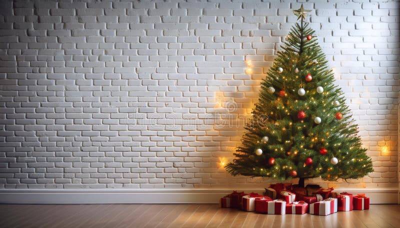 Decorated Christmas Tree Over White Brick Wall with Lights Stock ...