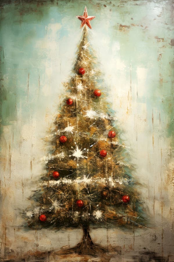 Decorated Christmas Tree Painted on Grunge Wallpaper Stock Illustration ...