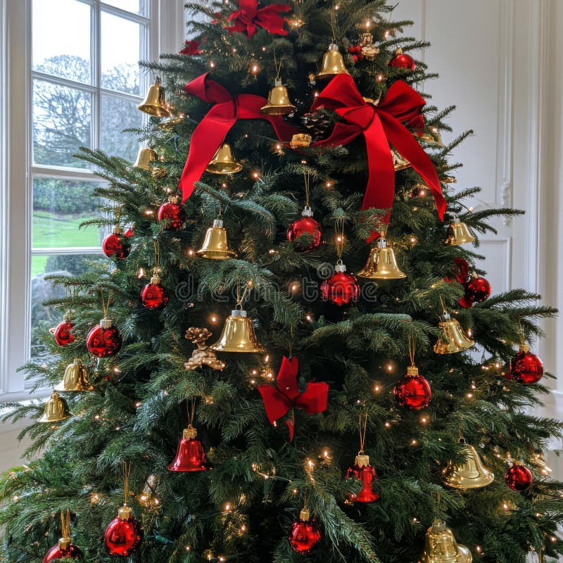 A Decorated Christmas Tree with Red Bells and a Red Bow Stock ...