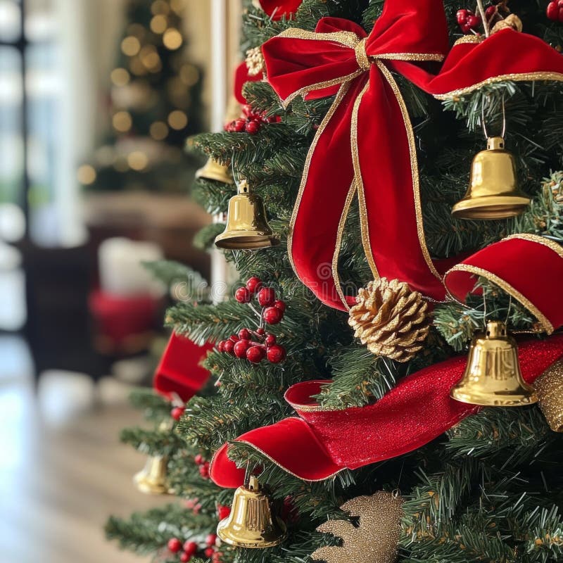 Decorated Christmas Tree with Red Bow and Gold Bells Stock Illustration ...
