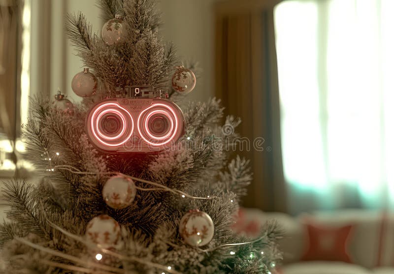 A Decorated Christmas Tree with a Robot Hidden in the Tree. Stock ...