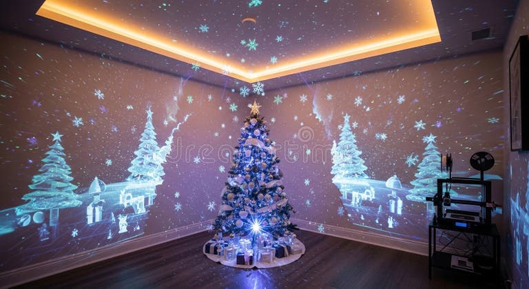 Decorated Christmas Tree in a Room with Projected Christmas Themed ...