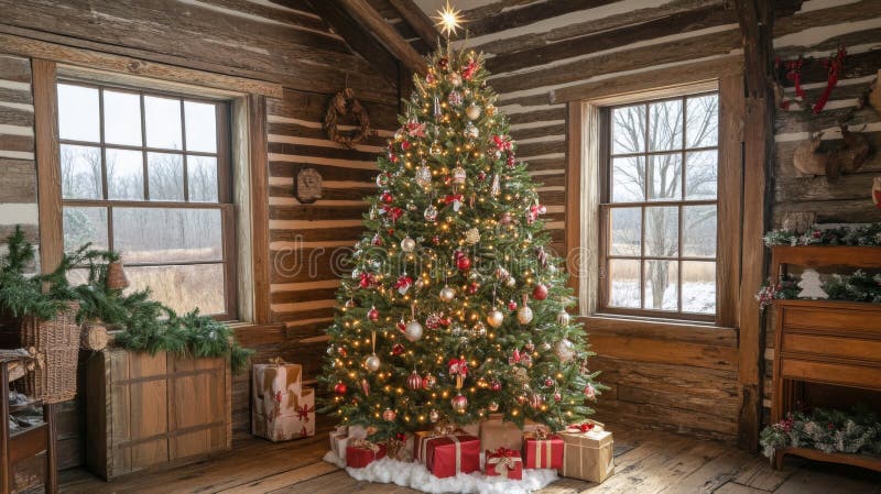 Decorated Christmas Tree in a Rustic Log Cabin Stock Illustration ...