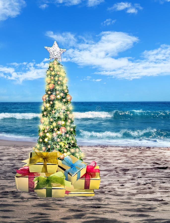 Decorated Christmas Tree on Sandy Beach Over Sea Stock Image - Image of ...