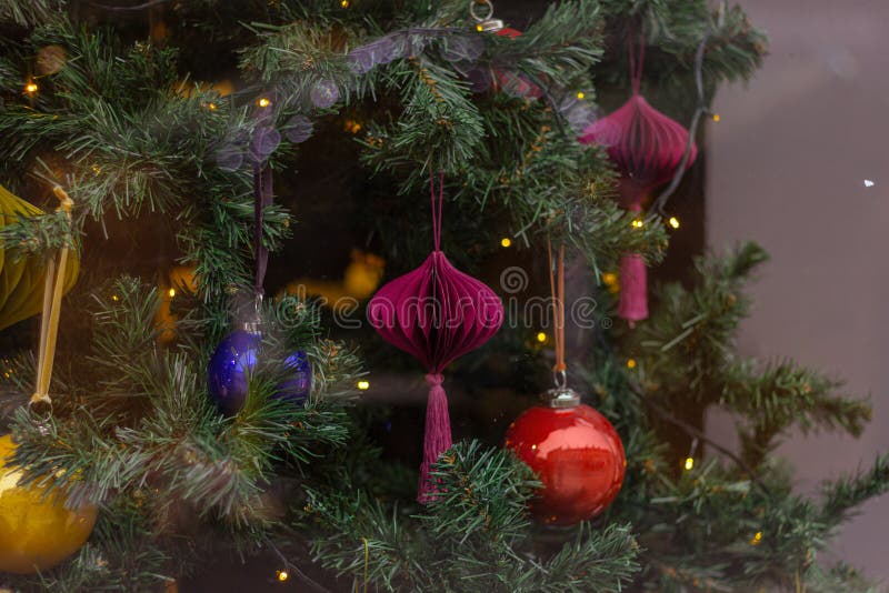 Decorated Christmas Tree in the Shop Window. New Year Design for ...