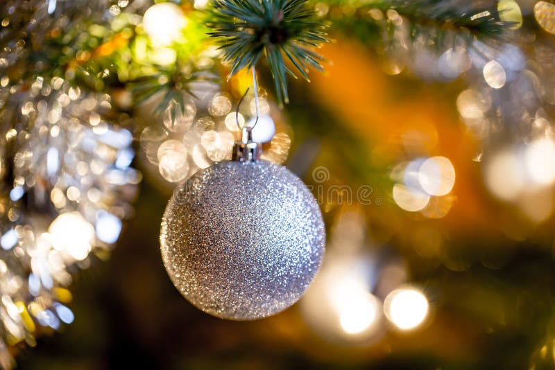 Decorated Christmas Tree with Silver Balls Stock Photo - Image of green ...