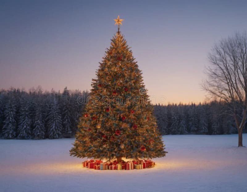 Decorated Christmas Tree in a Snowy Forest Stock Illustration ...