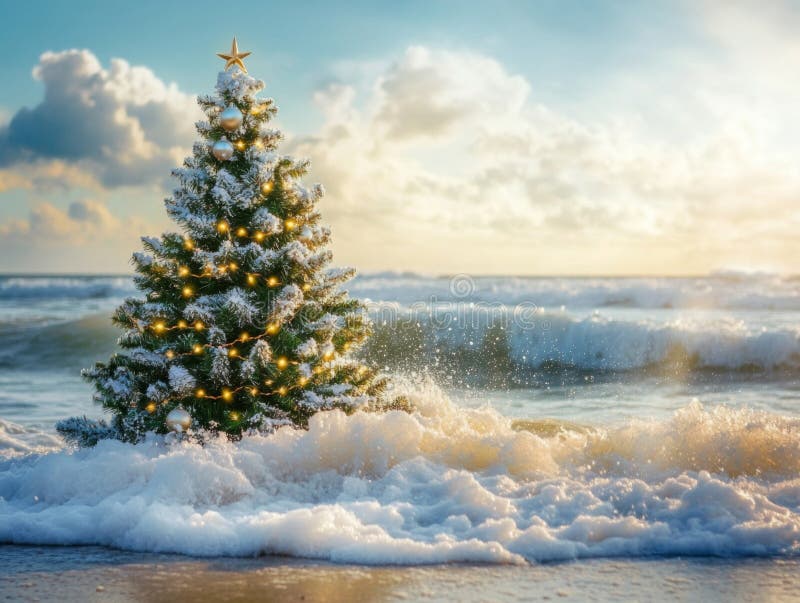 A Decorated Christmas Tree Standing in the Ocean Waves Stock ...