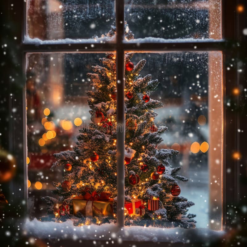 Decorated Christmas Tree Viewed through a Snowy Window Stock ...