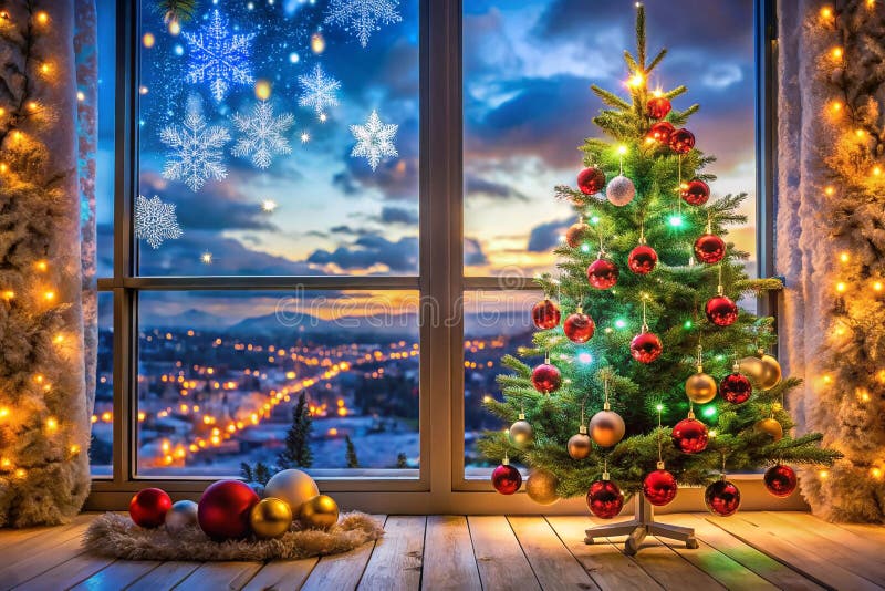 Decorated Christmas Tree by Window with City Lights View at Sunset ...
