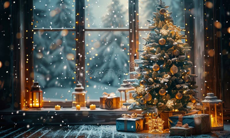 Decorated Christmas Tree by Window with Falling Snow Stock Photo ...