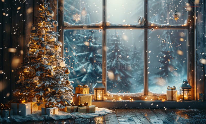 Decorated Christmas Tree by Window with Falling Snow Stock Photo ...