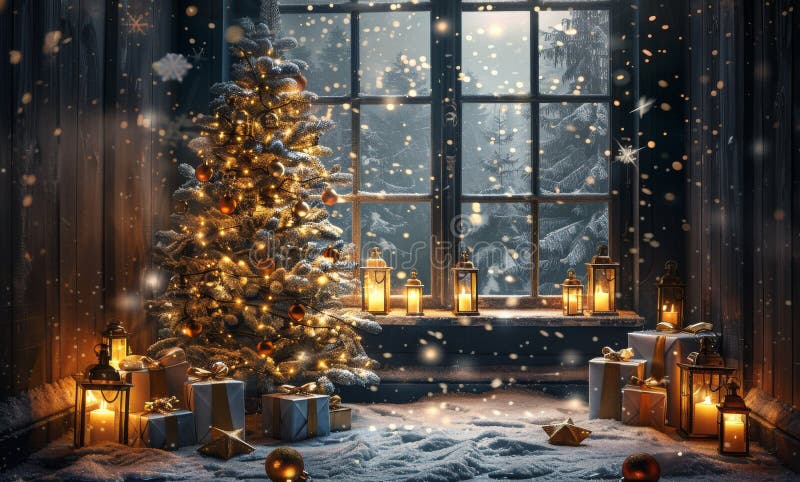 Decorated Christmas Tree by Window with Falling Snow Stock Image ...
