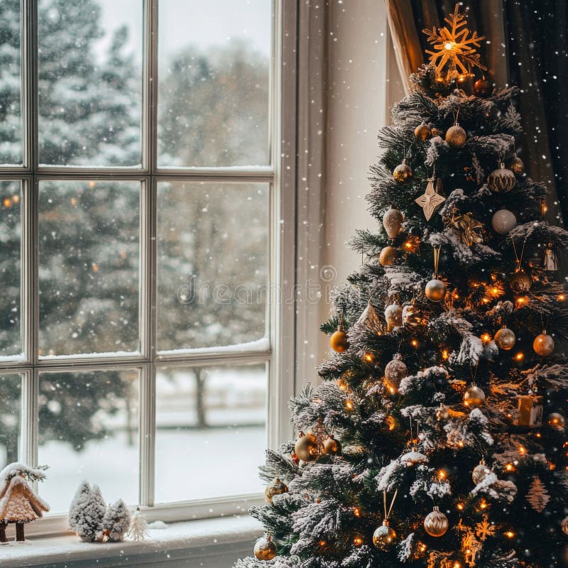 Decorated Christmas Tree by Window with Snow Falling Stock Illustration ...