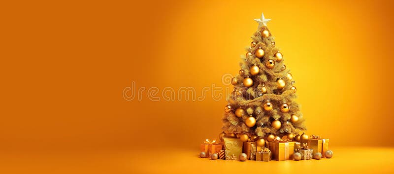 Decorated Christmas Tree on Yellow Background, Panoramic Layout. Stock ...