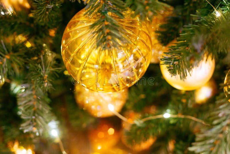 Decorated Christmas Tree with Yellow Balls Stock Photo - Image of ...