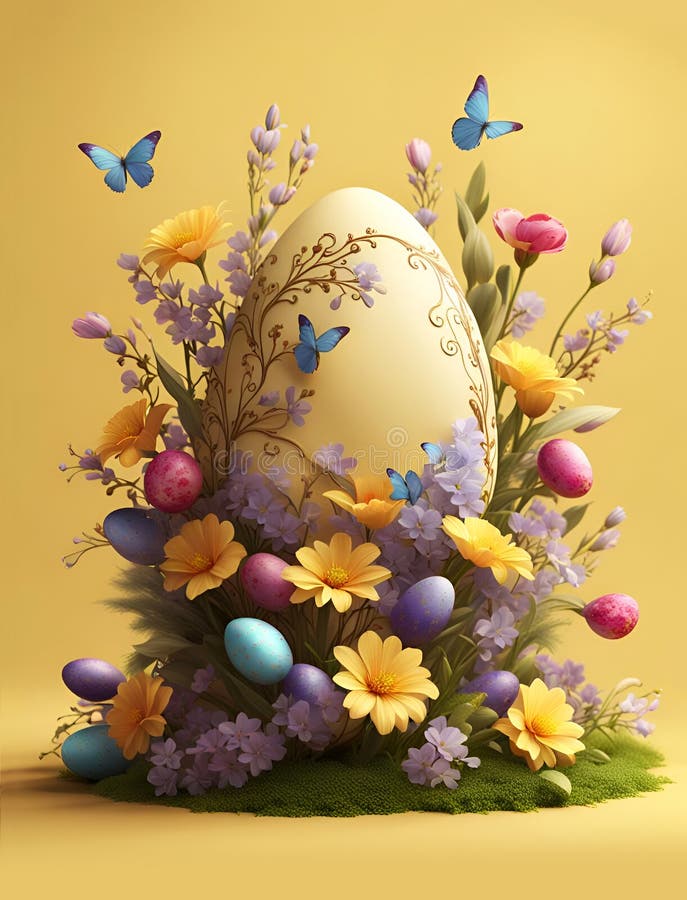 Decorated Colorful Easter Eggs and Flowers Arrangement with Butterflies ...