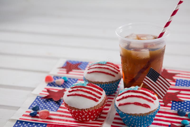 Decorated Cupcakes and Cold Drink with 4th July Theme Stock Image ...