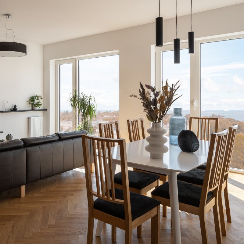 Decorated Dining Table in Room with Big Windows Stock Image - Image of ...