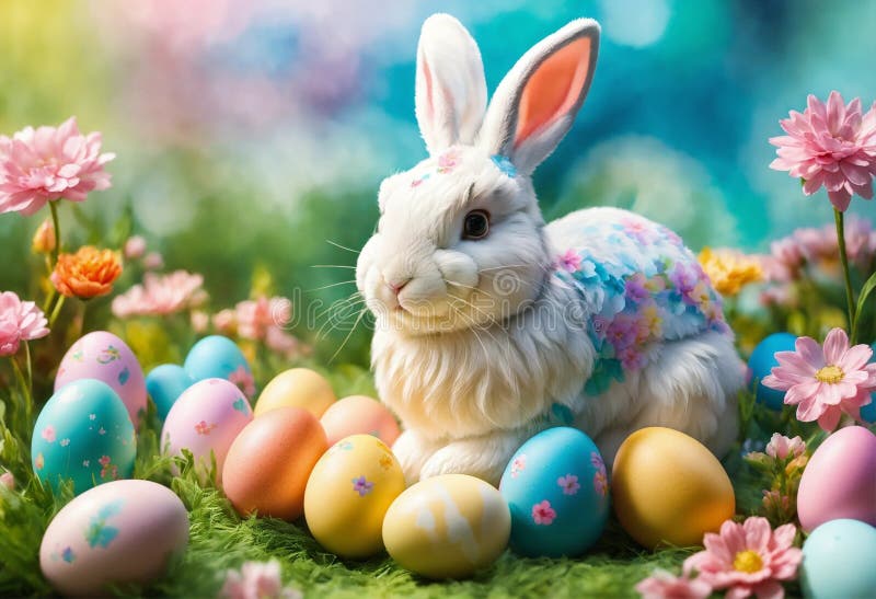 Decorated Easter Background with Easter Rabbit. Cute Bunny with ...